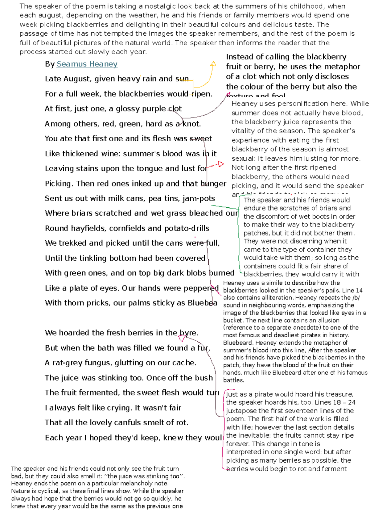 Blackberry Picking Analysis: Seamus Heaney's Poetic Journey - Studocu