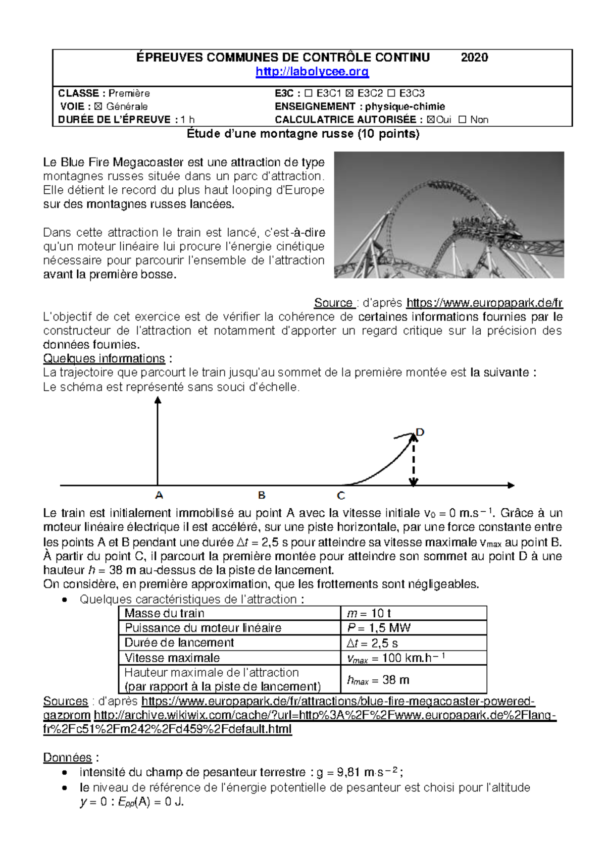 Épreuve de Contrôle Continu E3C - Étude Montagnes Russes Bac Eméca ...