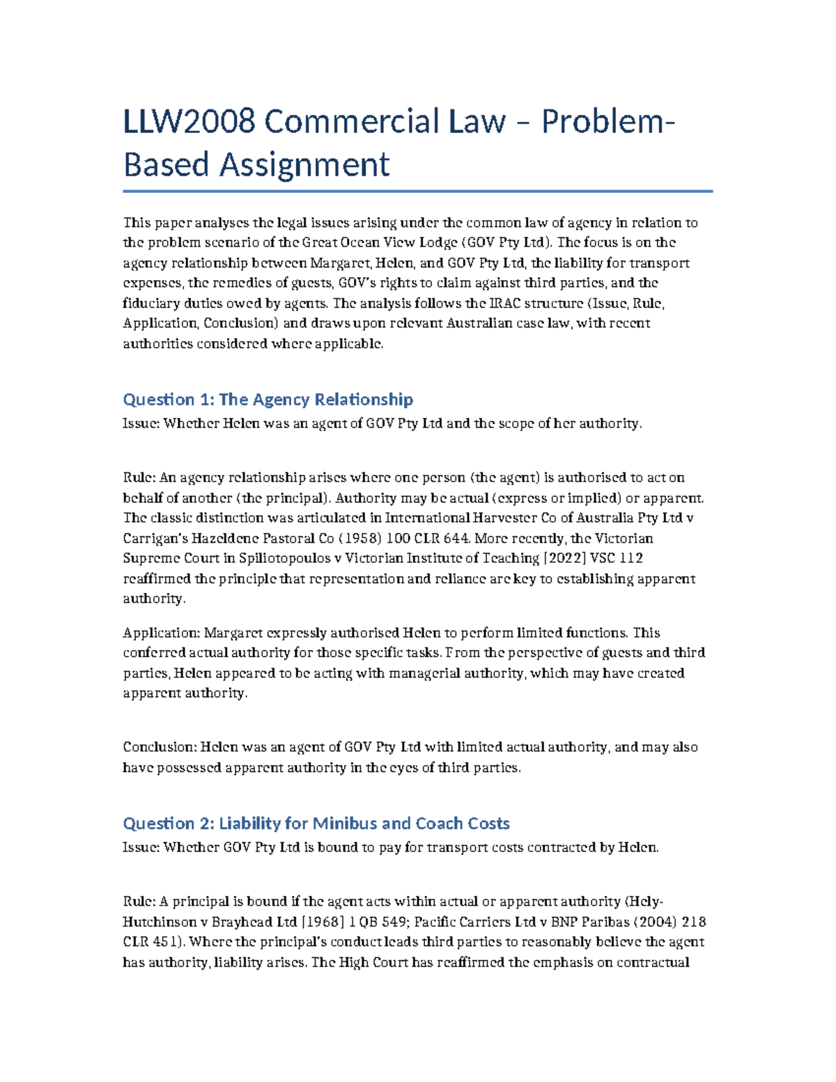 LLW2008 Commercial Law Problem-Based Assignment Analysis - Studocu
