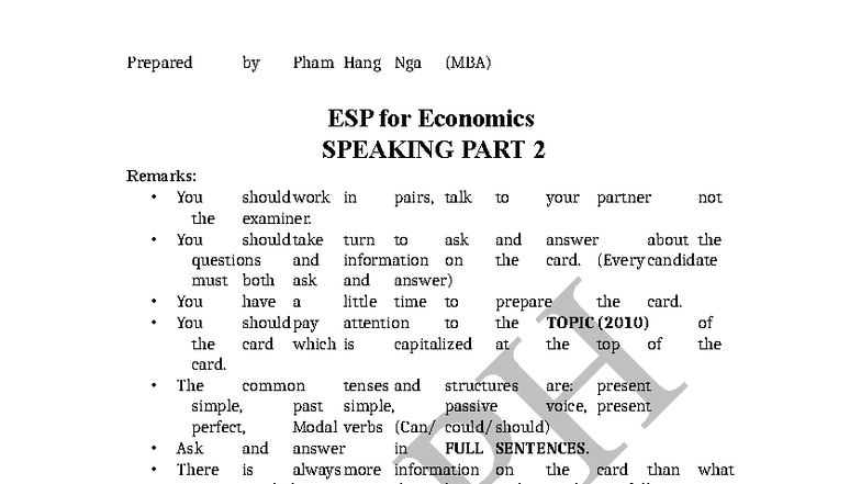 ESP Economics Speaking Part 2 - Pham Hang Nga (MBA) - Studocu