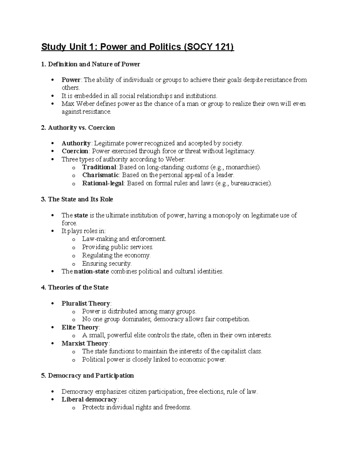 Study Unit 1: Power and Politics Overview (SOCY 121) - Studocu