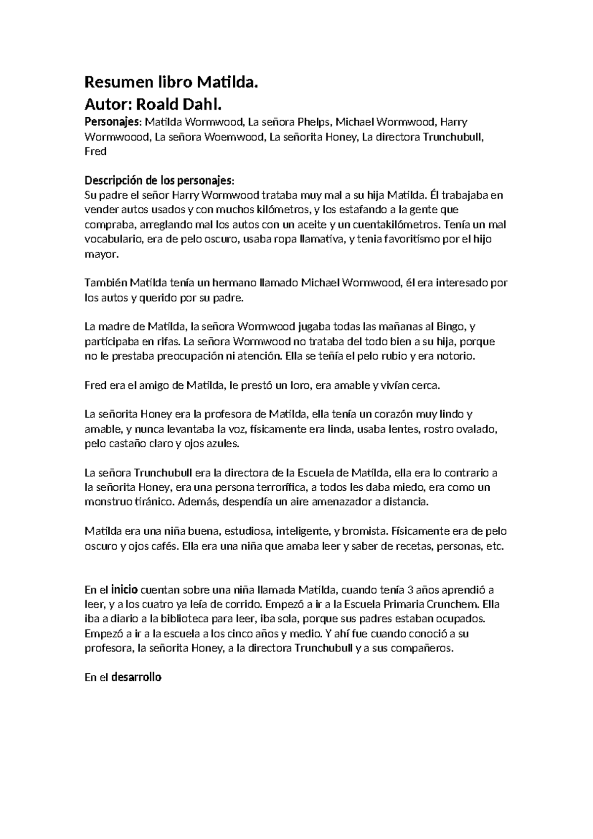 Resumen del libro "Matilda" de Roald Dahl - Análisis de personajes ...