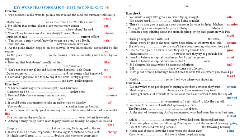 Transformation Exercise Key - Destination B2-C1-C2 - Studocu