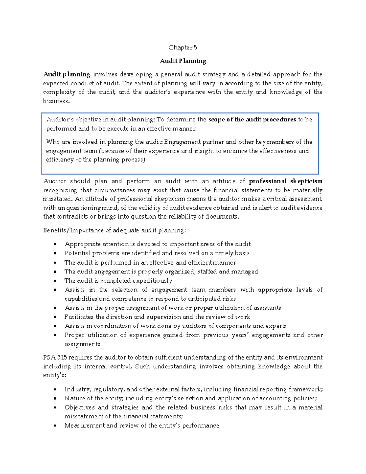 Chapter 5 Audit Planning - Chapter 5 Audit Planning Audit planning ...