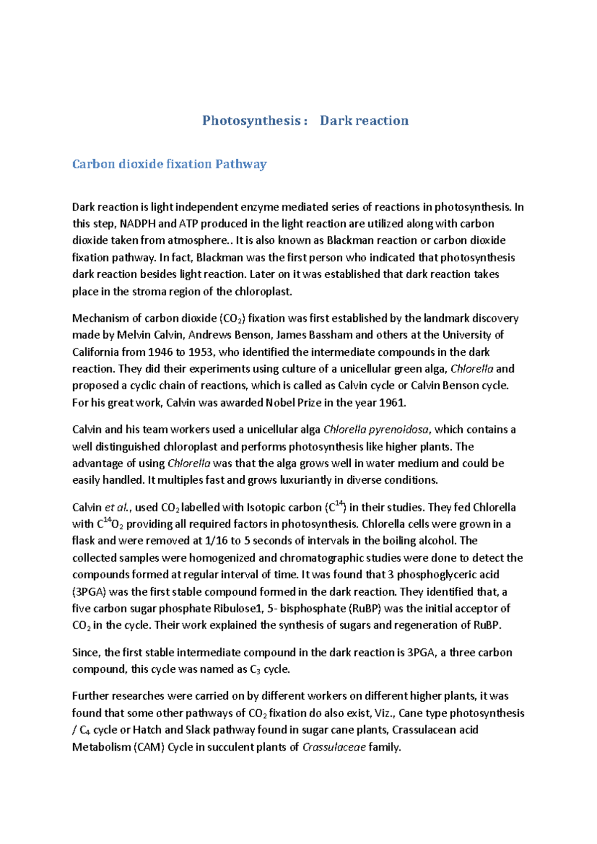 Calvin Cycle Notes: CO2 Fixation Pathways in Photosynthesis - Studocu