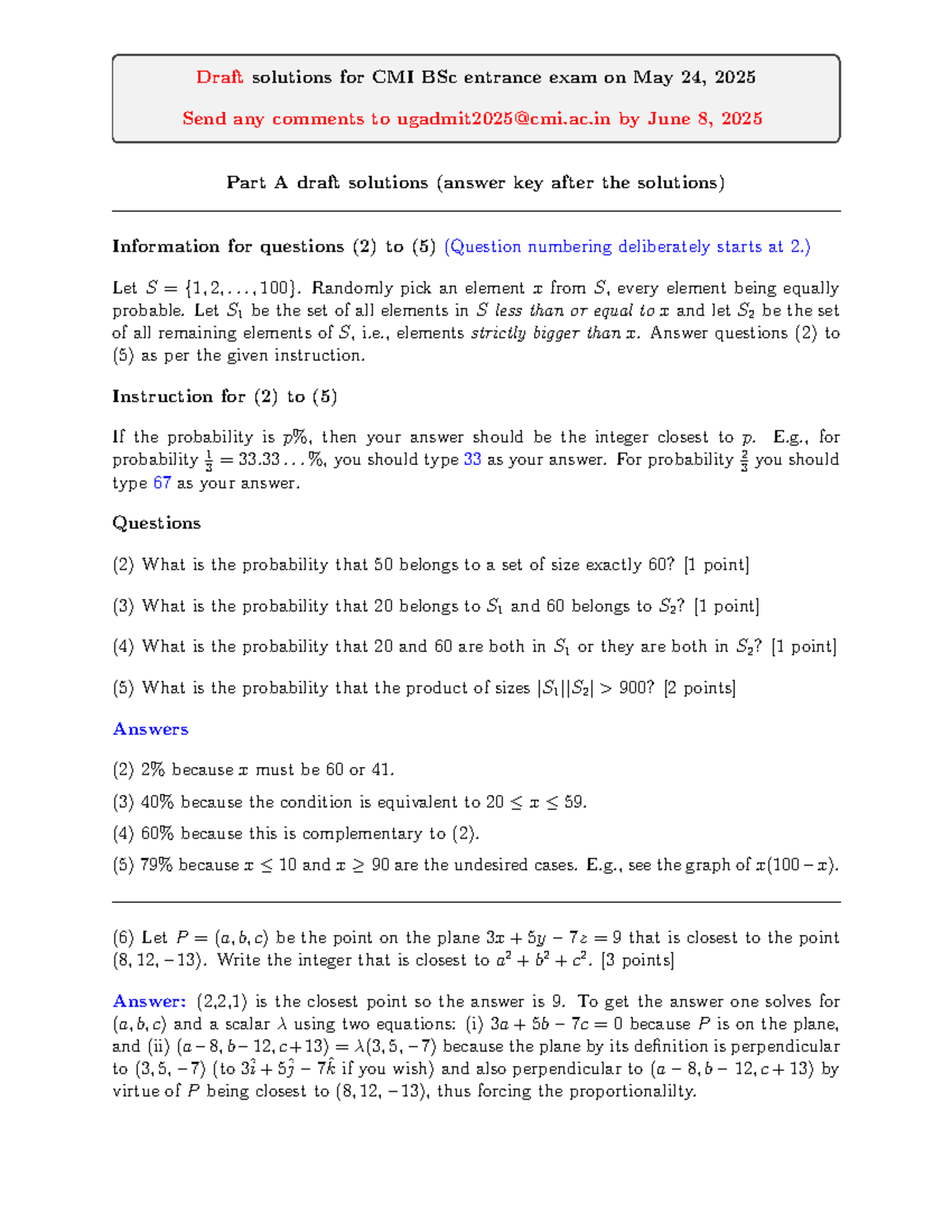 CMI 2025 BSc Entrance Exam Draft Solutions and Answer Key - Studocu
