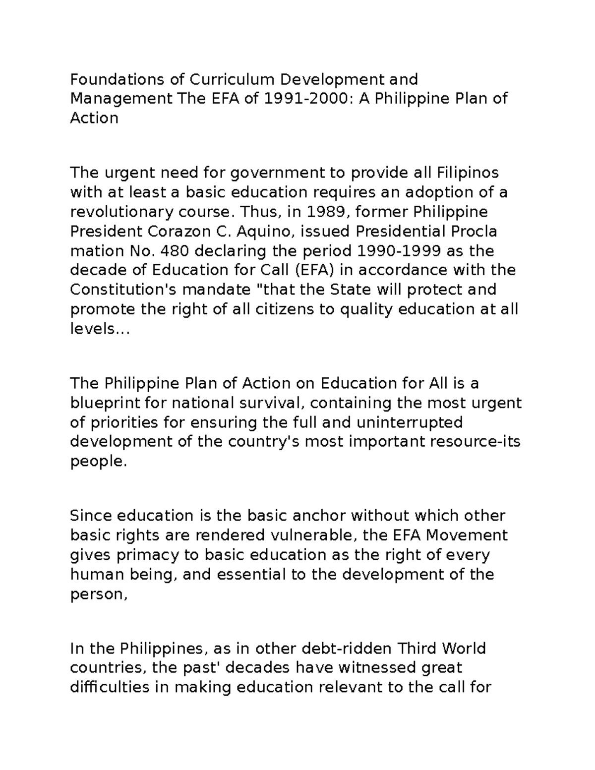 Cur.Dev. The EFA OF 1991-2000 - Foundations of Curriculum Development ...