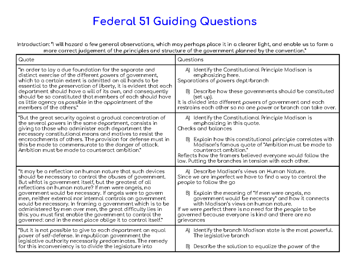 Federalist 51: Guiding Questions on Government Principles - Studocu