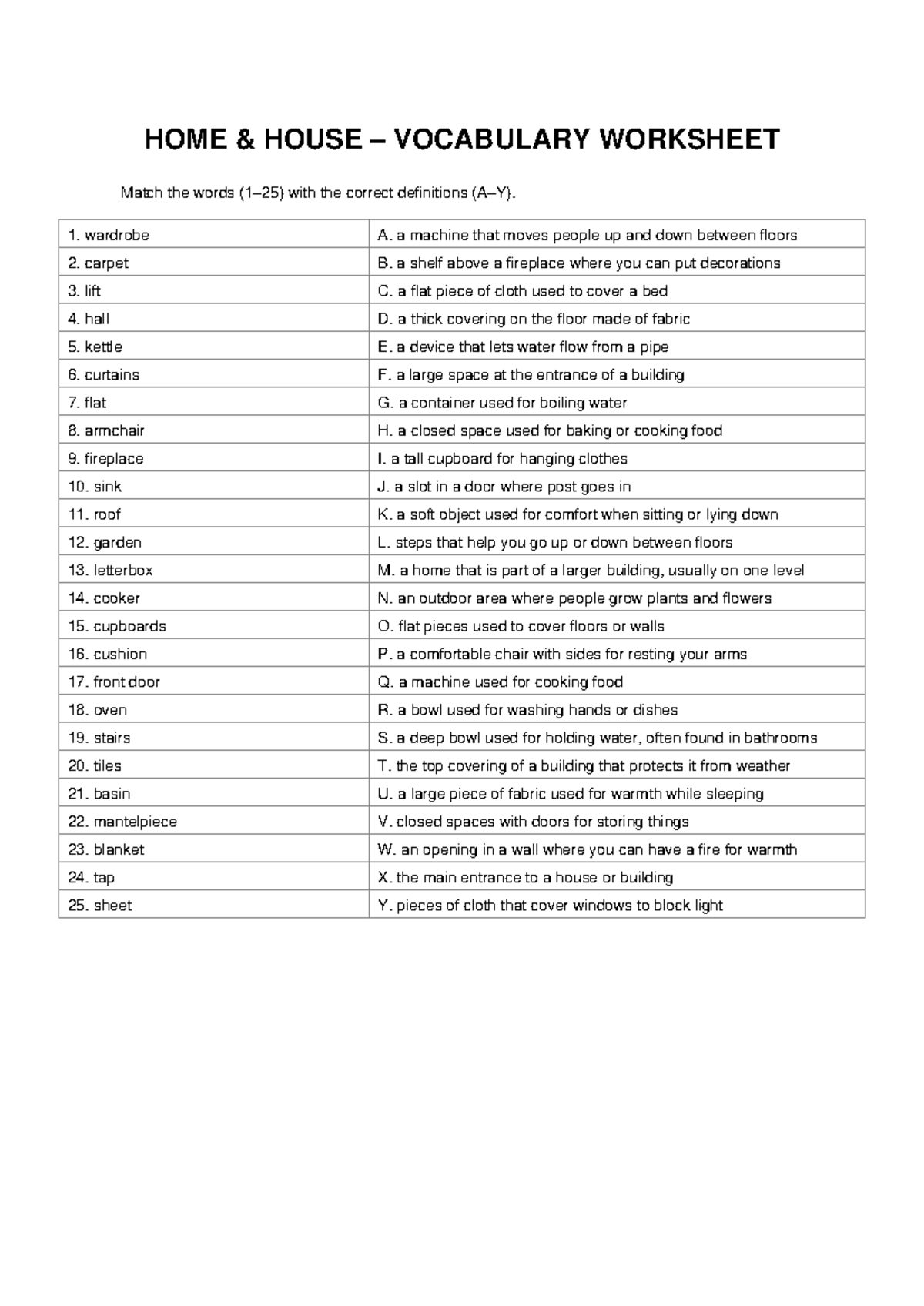 Home Vocabulary Worksheet: Definitions Matching Exercise - Studocu