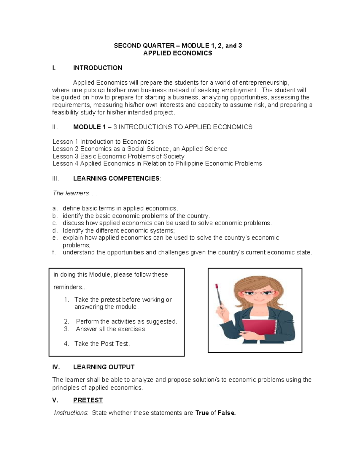 APPLIED ECONOMICS I: MODULES 1-3 OVERVIEW AND LEARNING COMPETENCIES ...