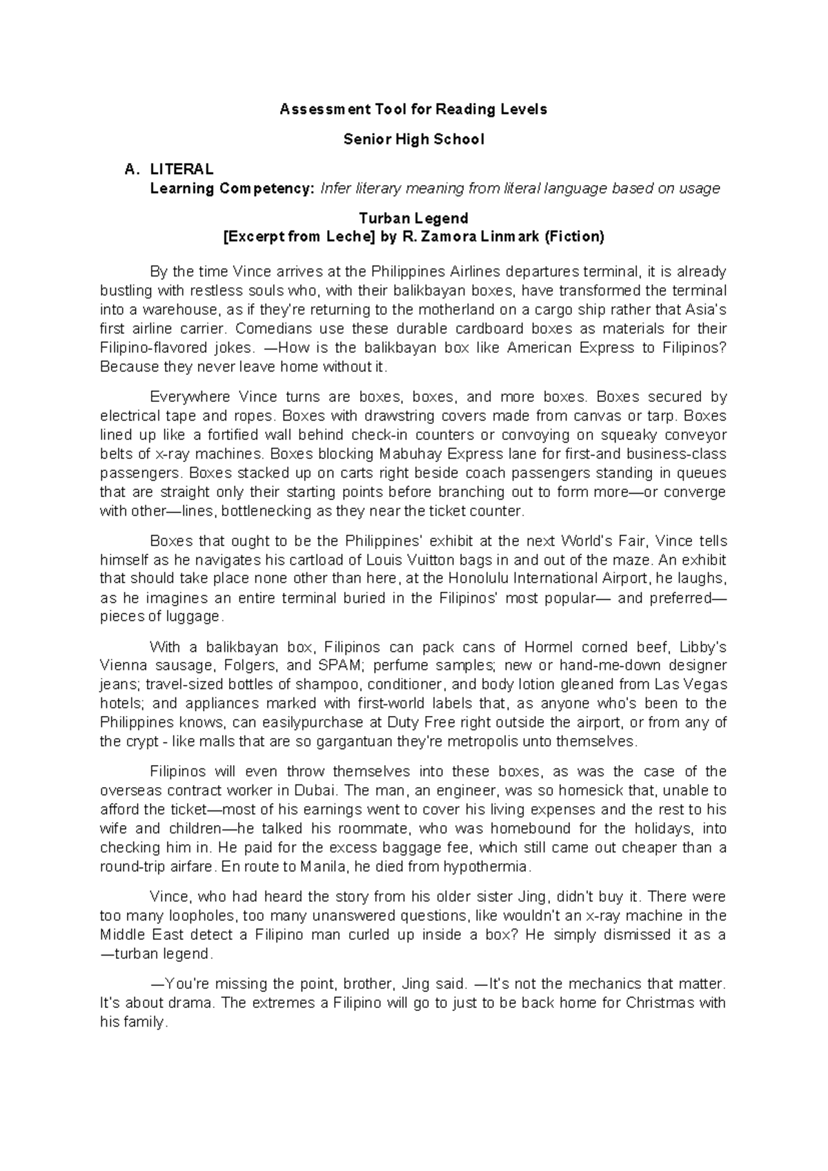 Assessment Tool for Reading Levels - Senior High School Quiz - Studocu