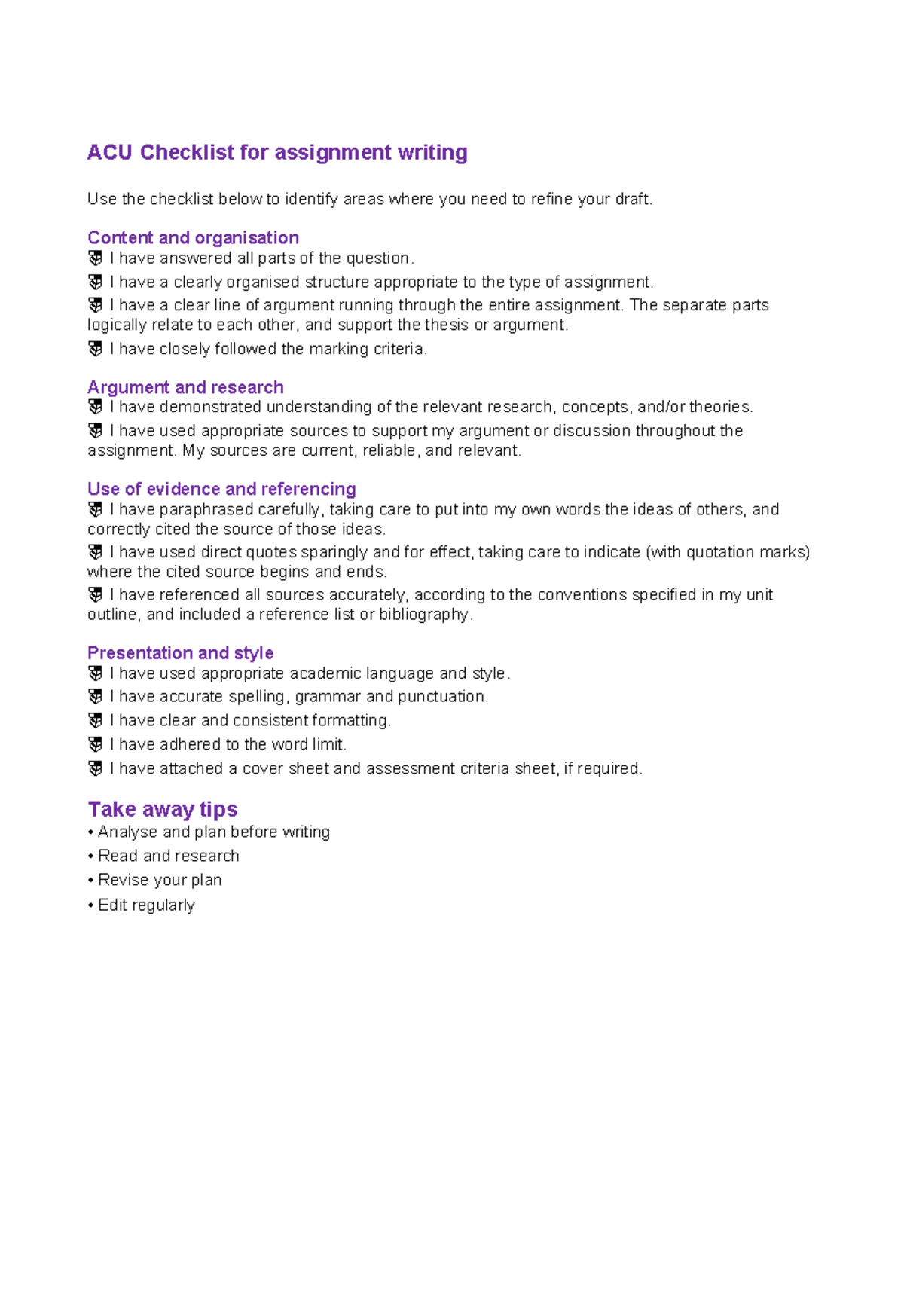 ACU Assignment Writing Checklist for Success - Studocu