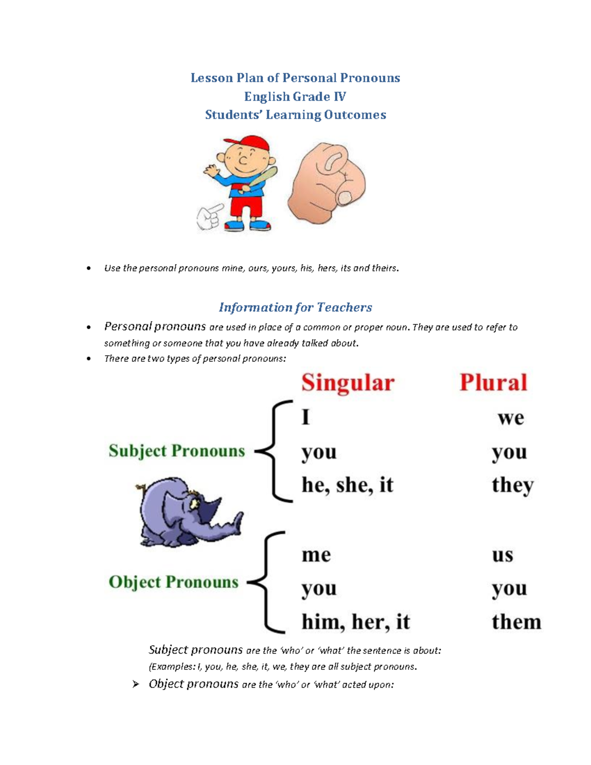 Lesson Plan: Personal Pronouns for English Grade IV (517376486) - Studocu
