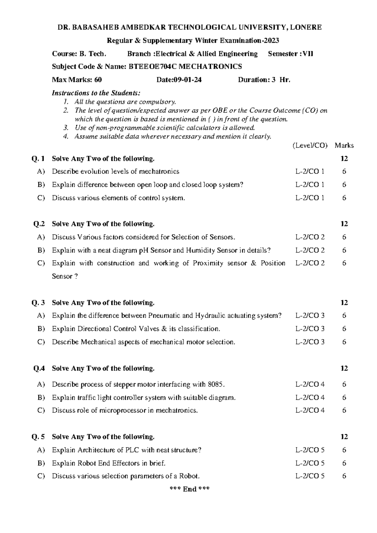 BTEEOE704C - Mechatronics Regular Supplementary Exam Paper - Studocu