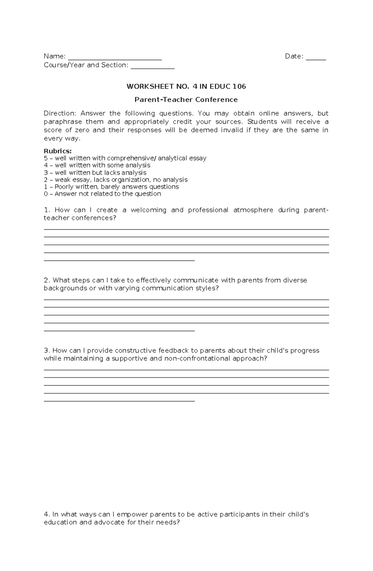 EDUC 106 - Worksheet No. 4: Parent-Teacher Conference Activity - Studocu