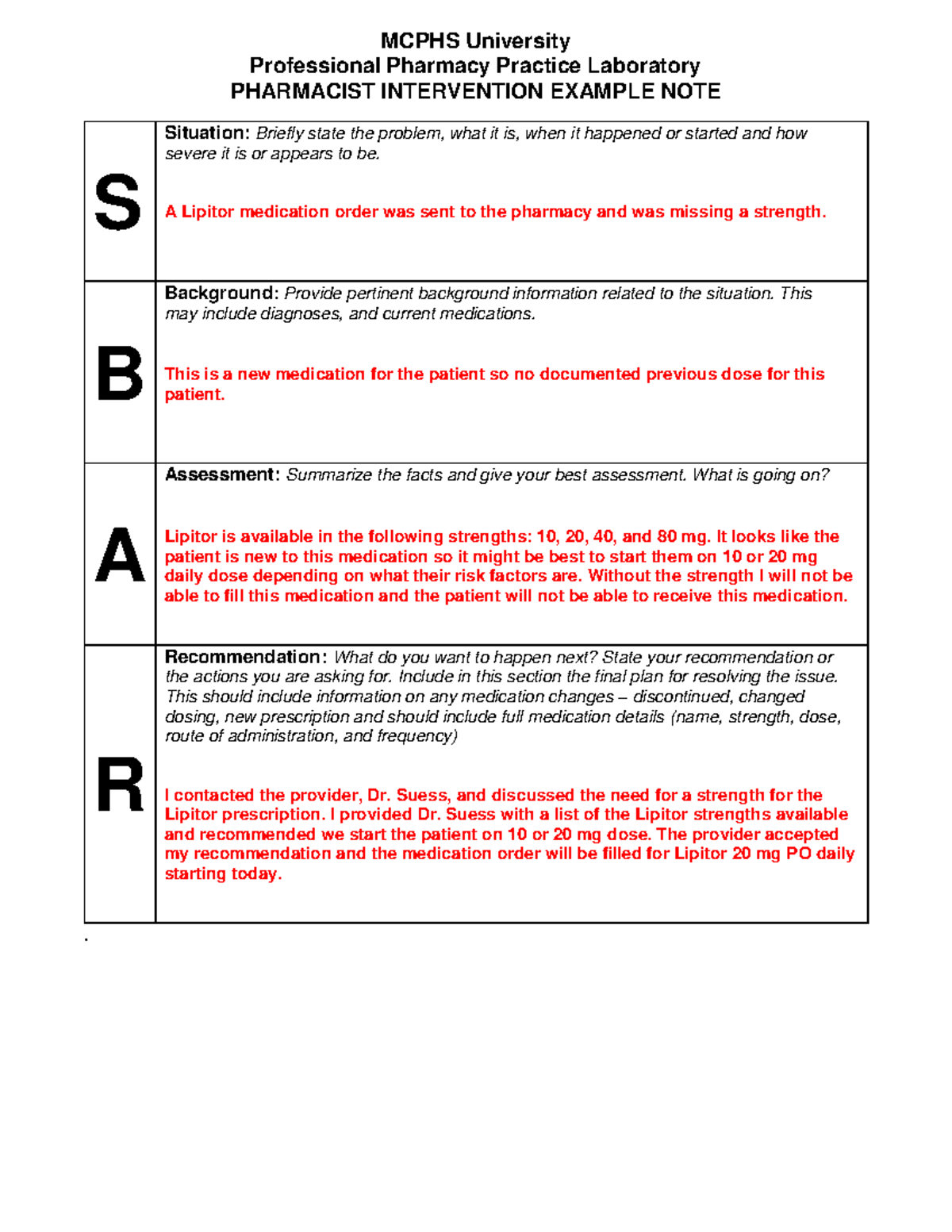 MCPHS PHARMACIST INTERVENTION SBAR Example 1 2024 - Studocu