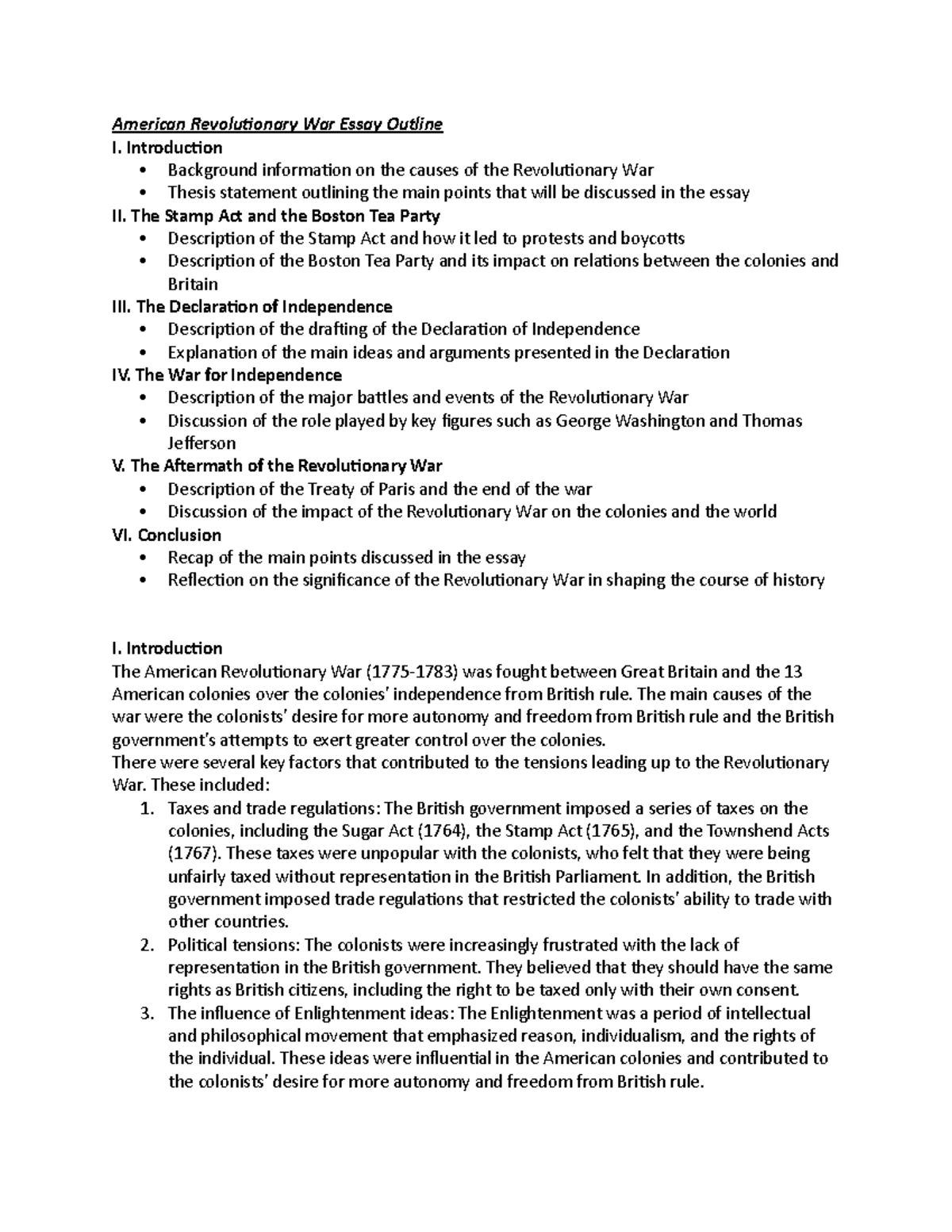 American Revolutionary War Essay Outline (HIST 101) - Studocu