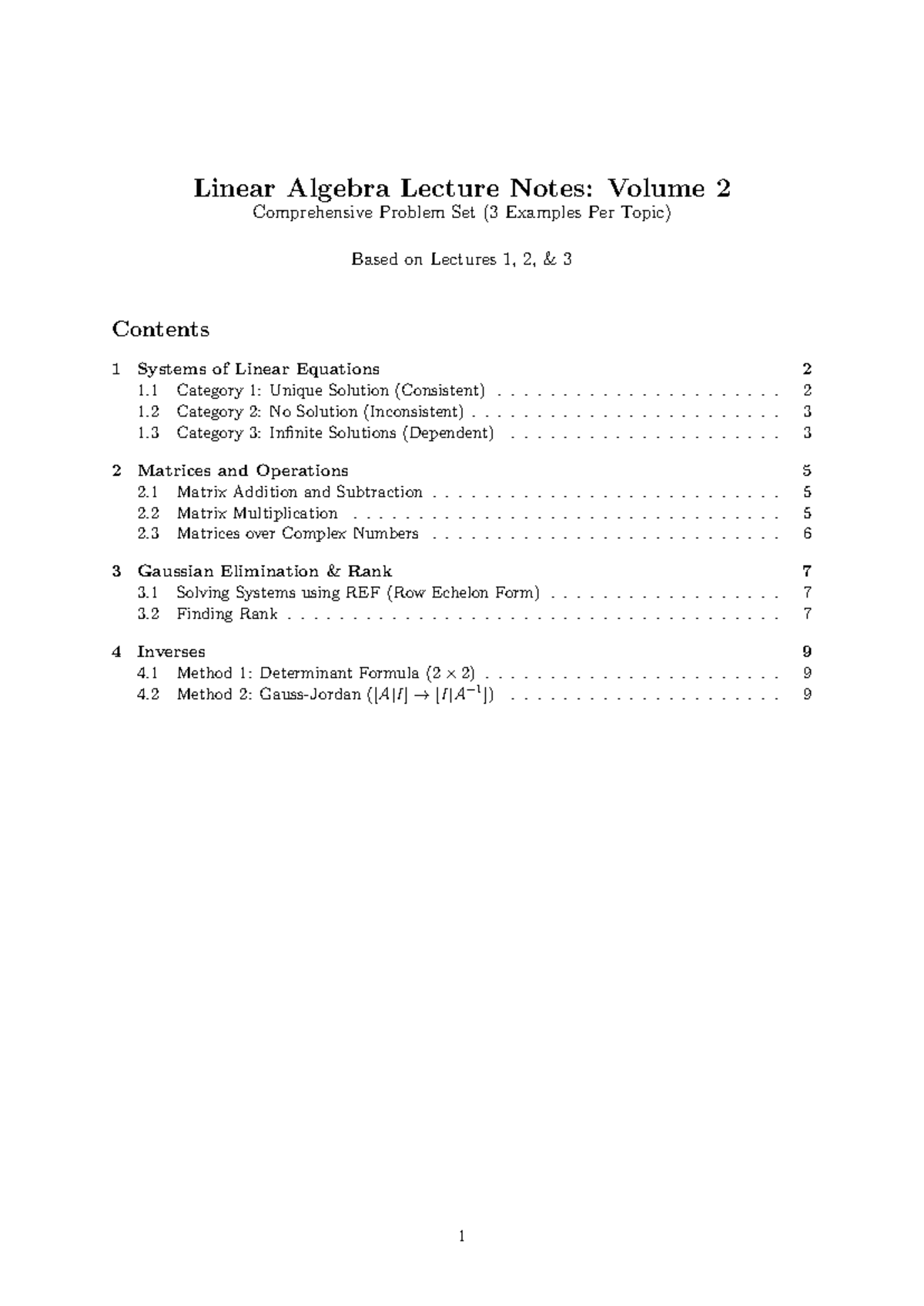 Linear Algebra Lecture Notes: Volume 2 Problem Set with Examples - Studocu