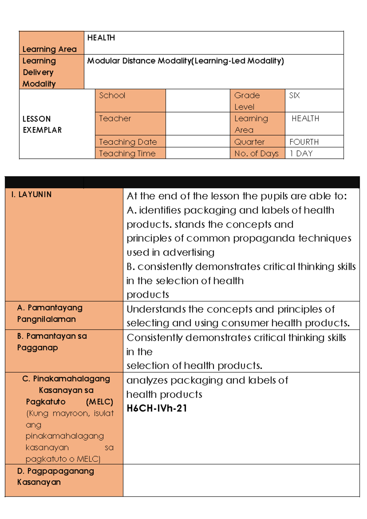 HEALTH 6 Lesson Exemplar: Analyzing Product Packaging & Labels - Studocu