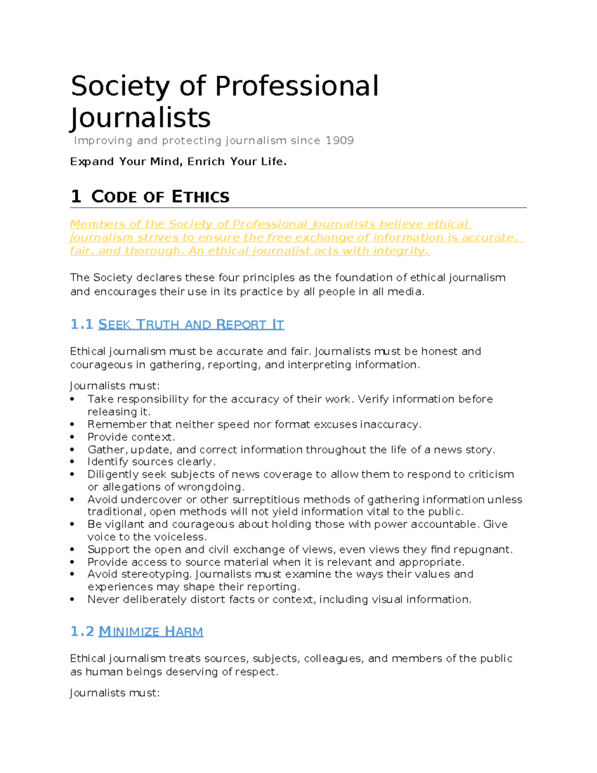 Report - 33333: Society of Professional Journalists Code of Ethics ...