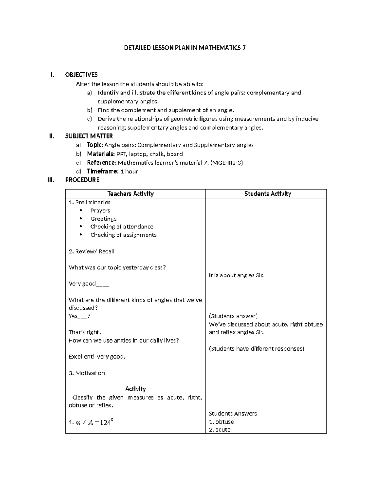 Mathematics 7 Detailed Lesson Plan on Complementary & Supplementary ...
