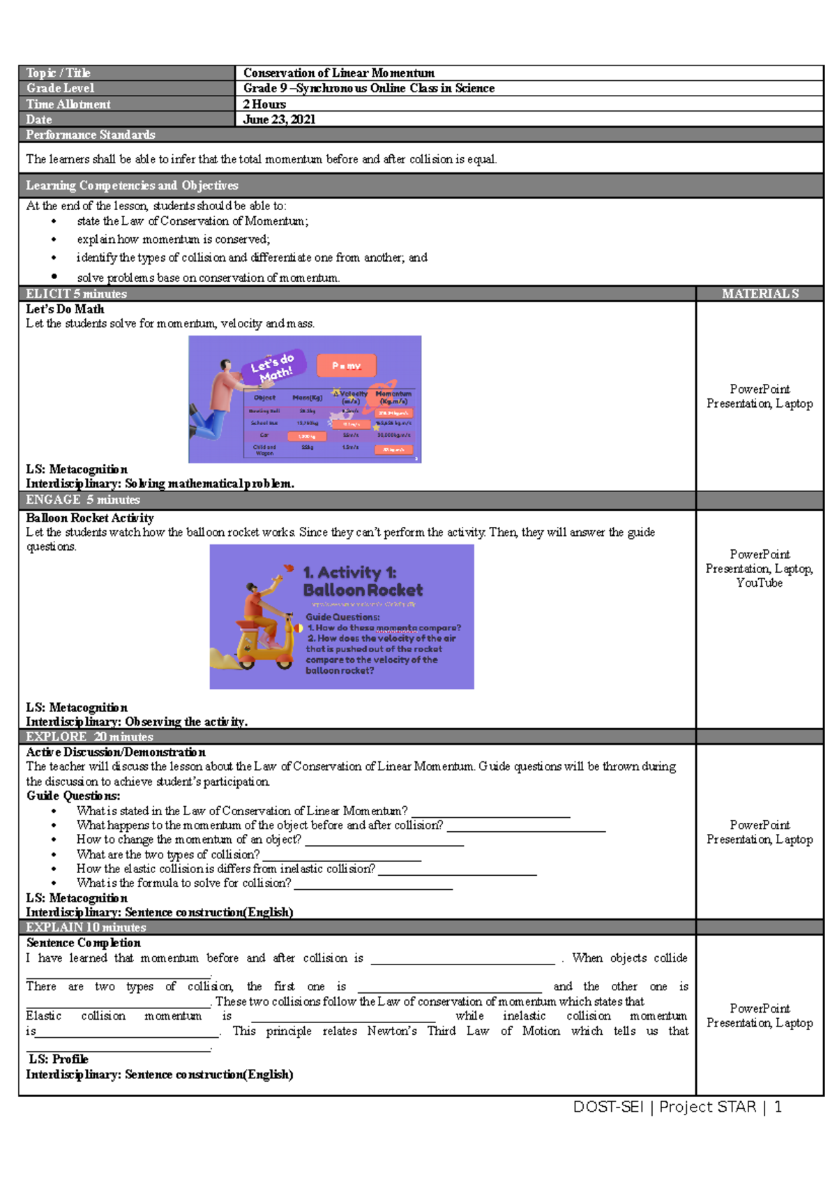 DLP - Grade 9 - Conservation of Linear Momentum Lesson Plan - Studocu