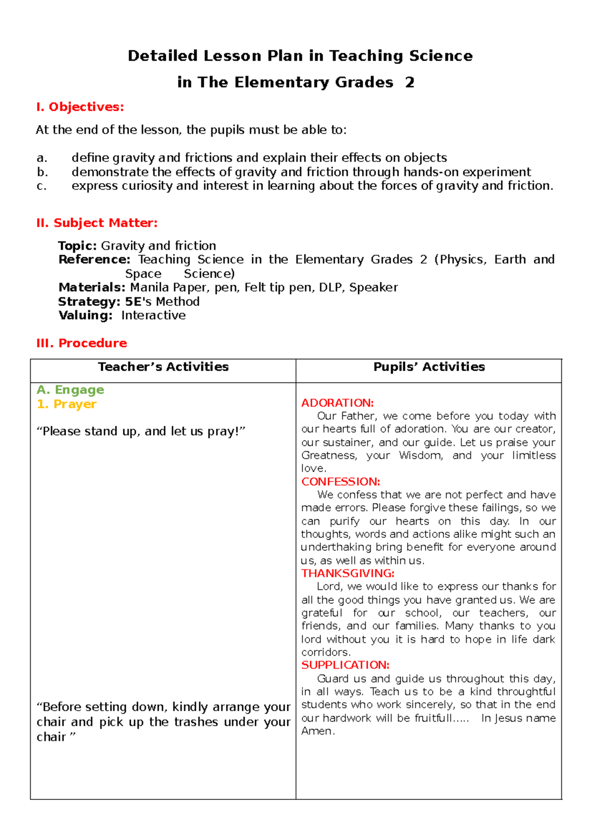DLP Science Lesson Plan on Gravity & Friction for Elem. Grades 2 - Studocu