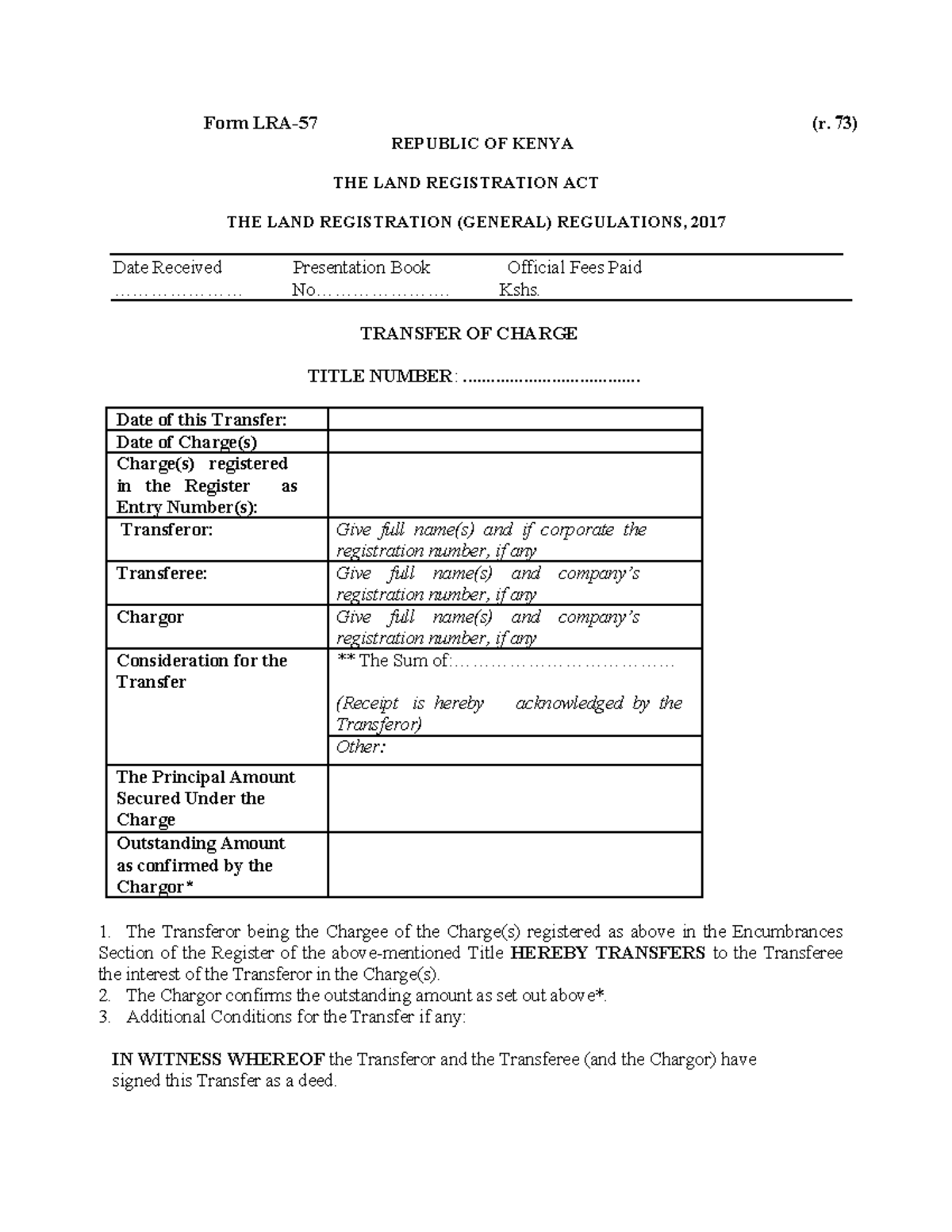 Form LRA 57: Transfer of Charge - Land Registration Document - Studocu