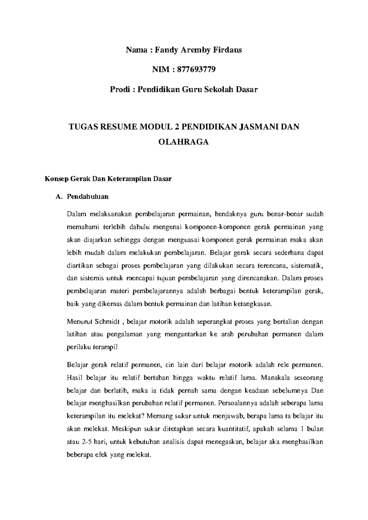 Resume Tugas Modul 2 Pendidikan Jasmani dan Olahraga - PGSD - Studocu