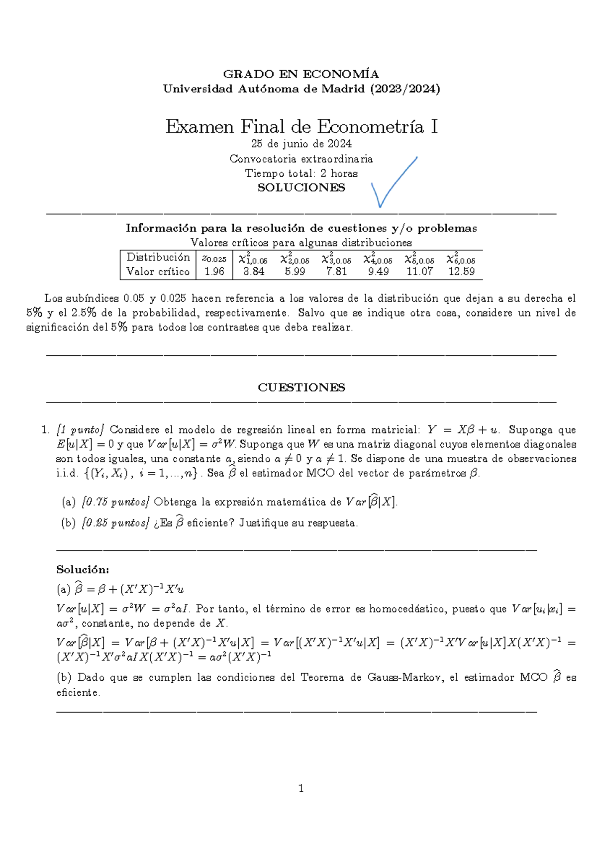 Examen Final de Econometría I (Eco I) - Soluciones Extraordinarias 2024 - Studocu