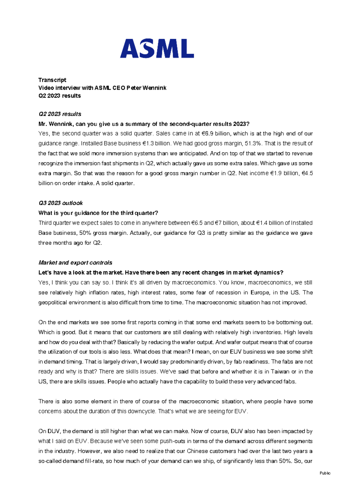 ASML Q2 2023 Results Transcript: CEO Interview Insights - Studeersnel