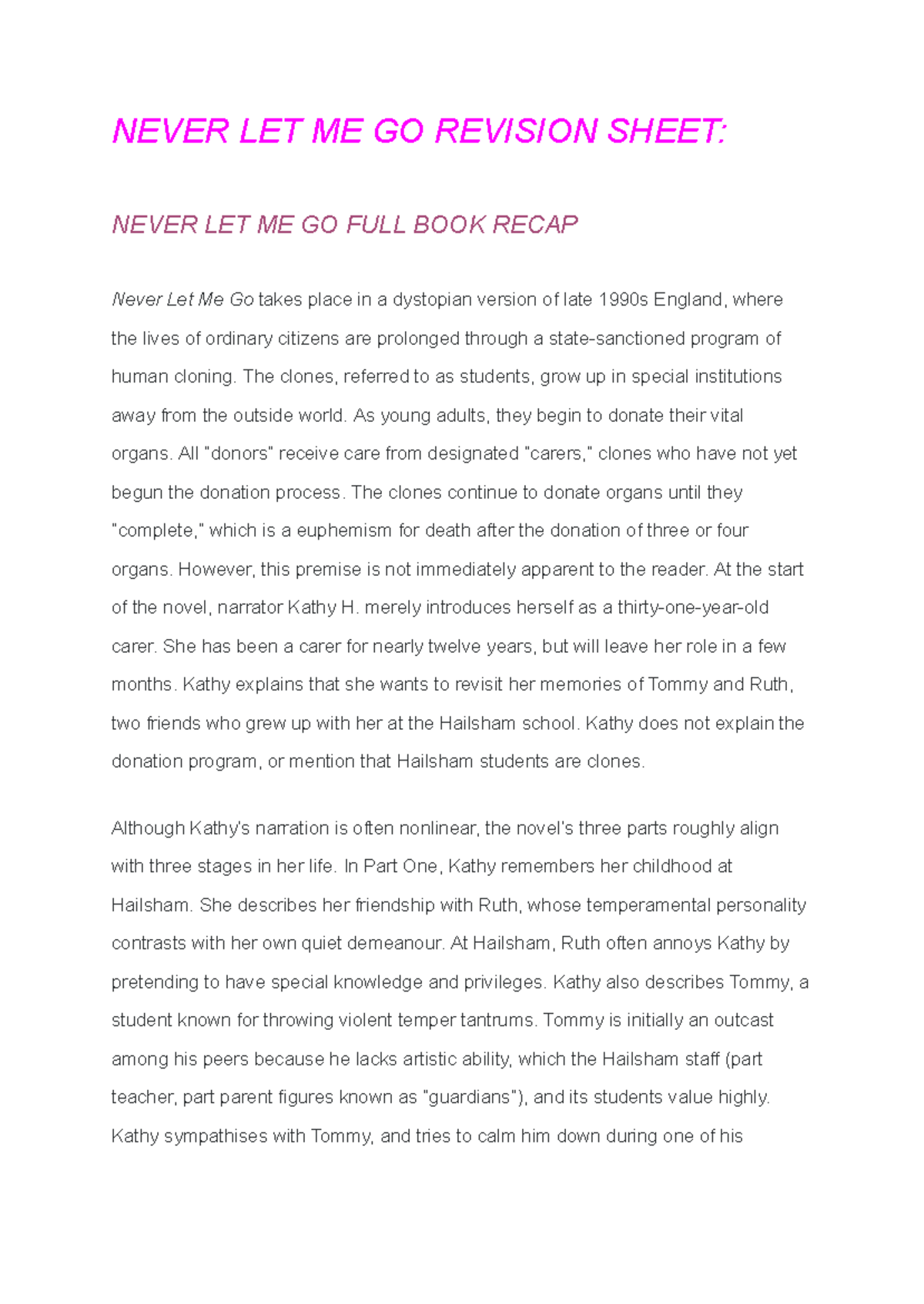 NEVER LET ME GO (Final Exam Revision) - Summary and Analysis - Studocu