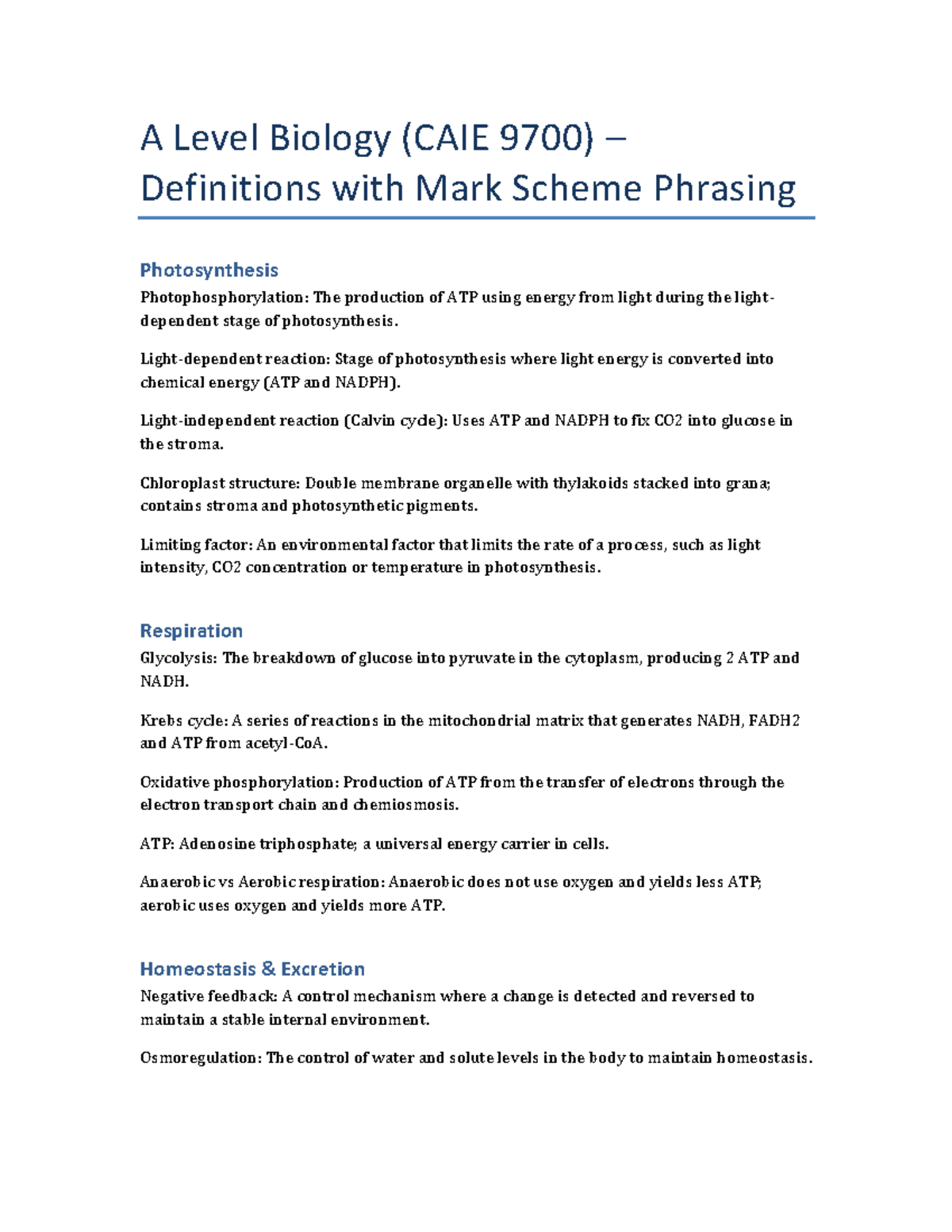 A Level Biology (CAIE 9700) Key Definitions & Mark Scheme Insights ...