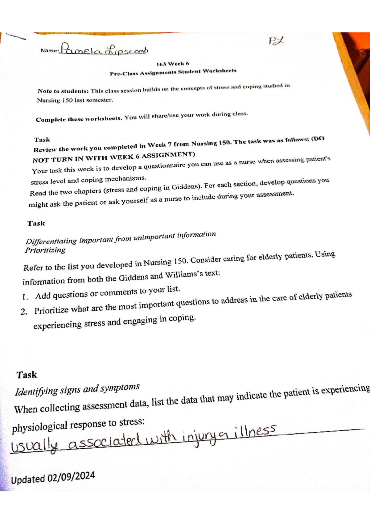 NUR 163 wk 6 - pre-class - py Name: Pamela Lipscomb 163 Week 6 ...