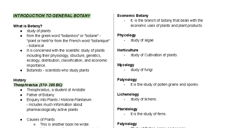 General Botany (BIO101) Study Guide: Key Concepts & Topics - Studocu
