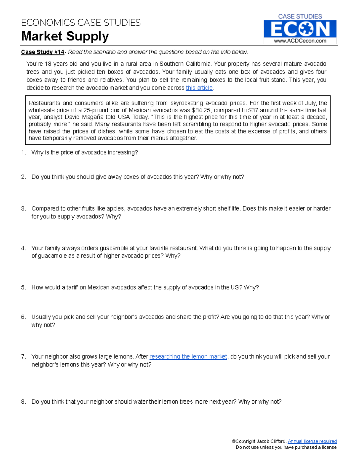 14 Market Supply - yes - ECONOMICS CASE STUDIES Market Supply Case ...