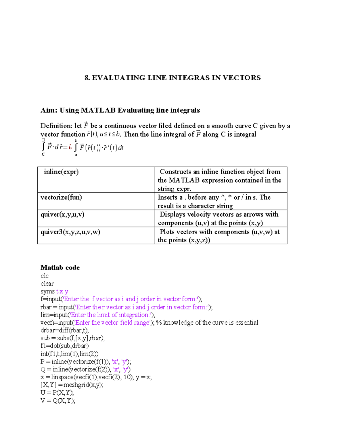 Exp 8: Evaluating Line Integrals in Vectors - Sem 1 - Studocu