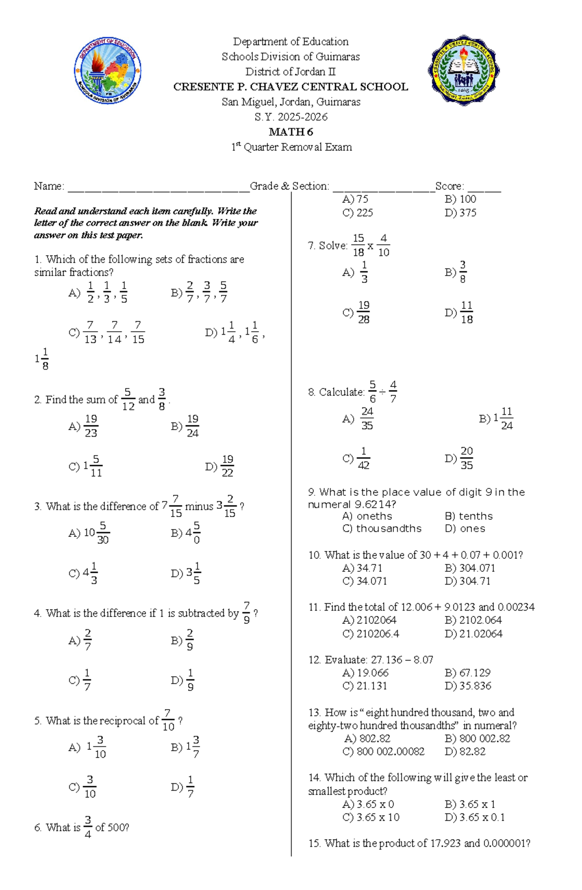 MATH 6 Q1 Removal Exam Practice Sheet - Studocu