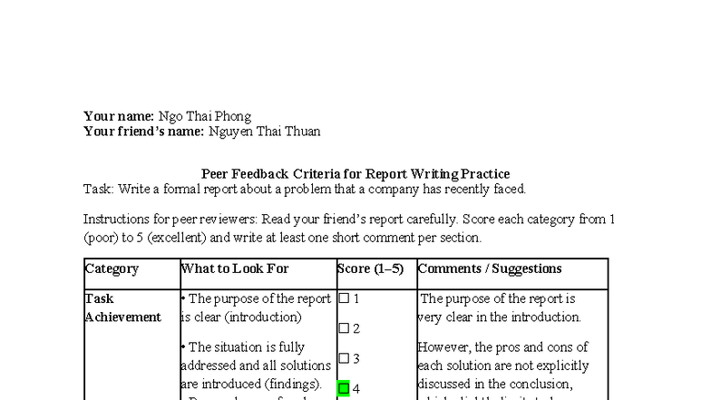 Peer Feedback Criteria for Report Writing (Task: 35 & 50) - Studocu