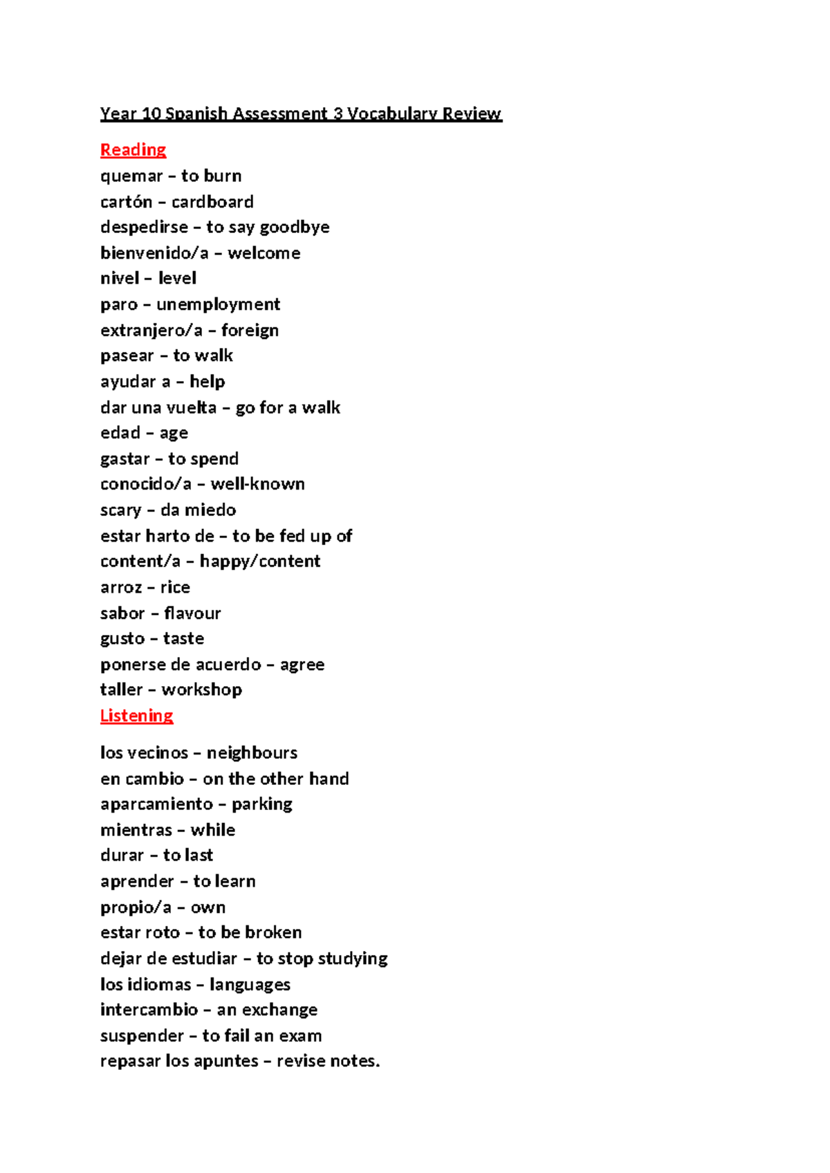 Year 10 Spanish Assessment 3 Vocabulary Review Guide - Studocu