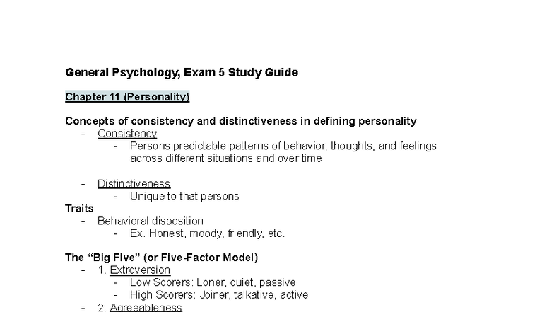 General Psychology PSY101 Exam 5 Study Guide: Key Concepts & Theories ...