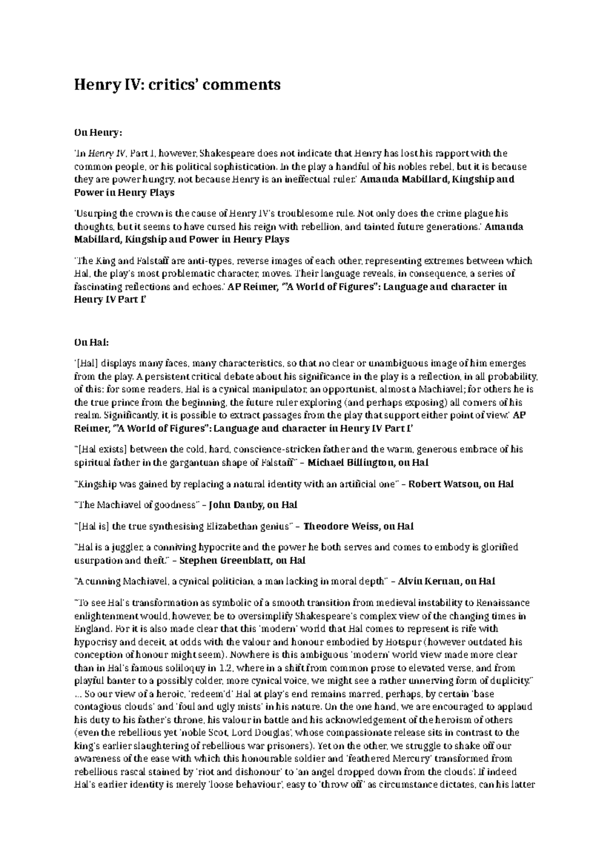 Henry IV: Critical Quotes and Analysis on Hal's Character - Studocu