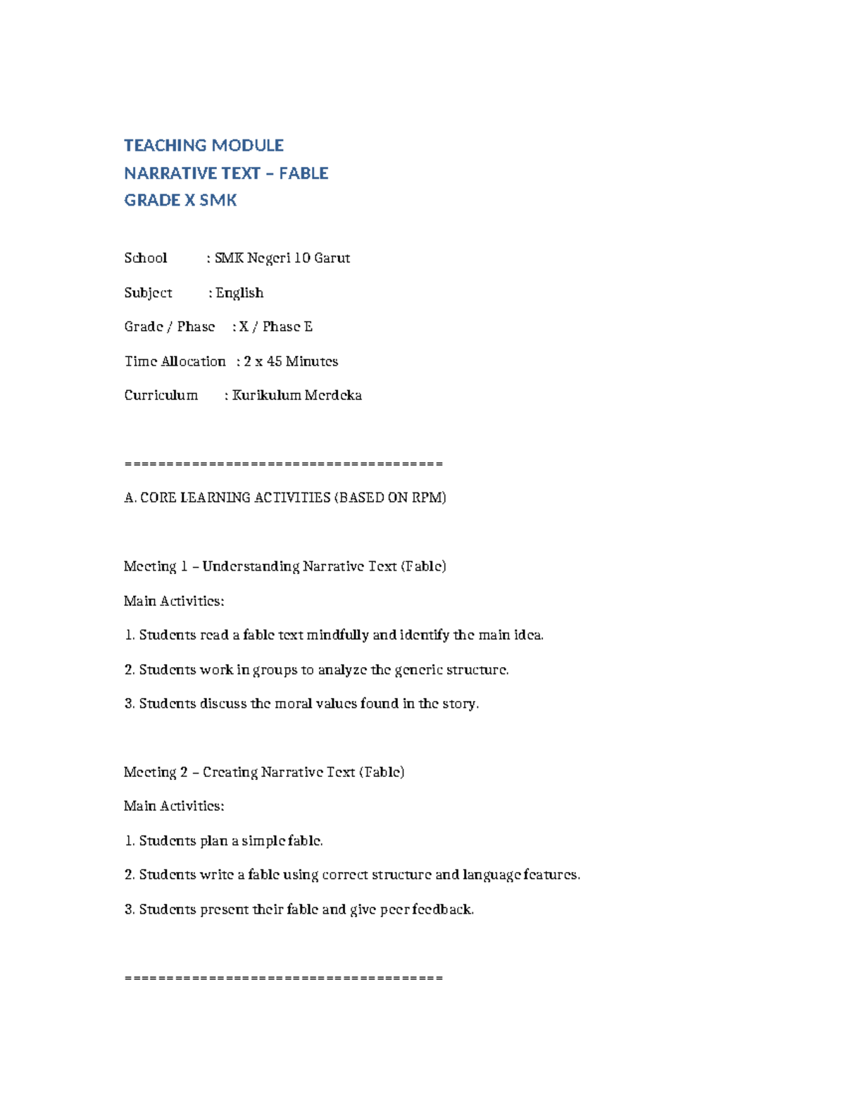 Modul Ajar Narrative Text Fable Grade X SMK - English Curriculum - Studocu