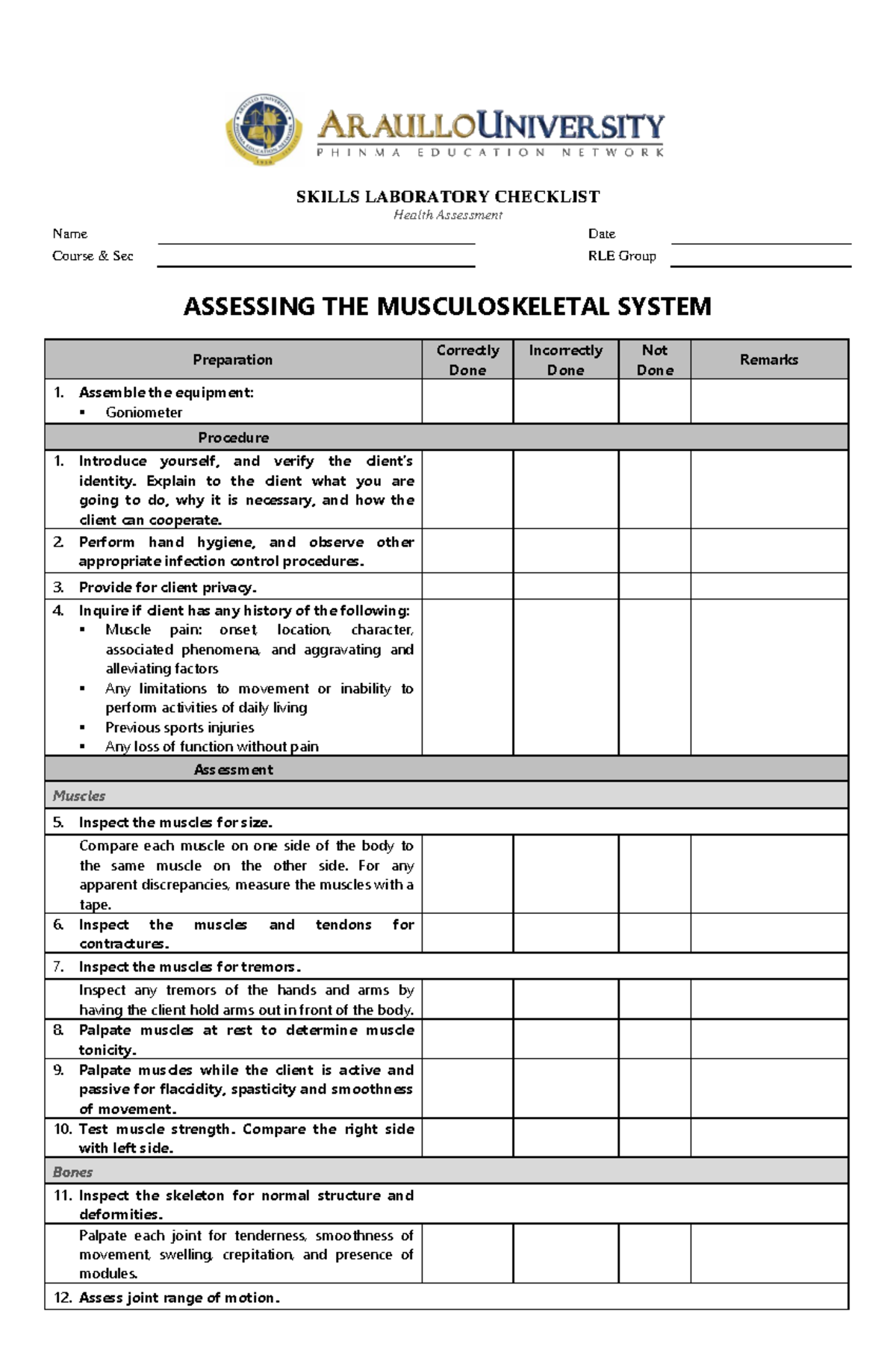 SSK 101 Musculoskeletal System Assessment Checklist - Studocu