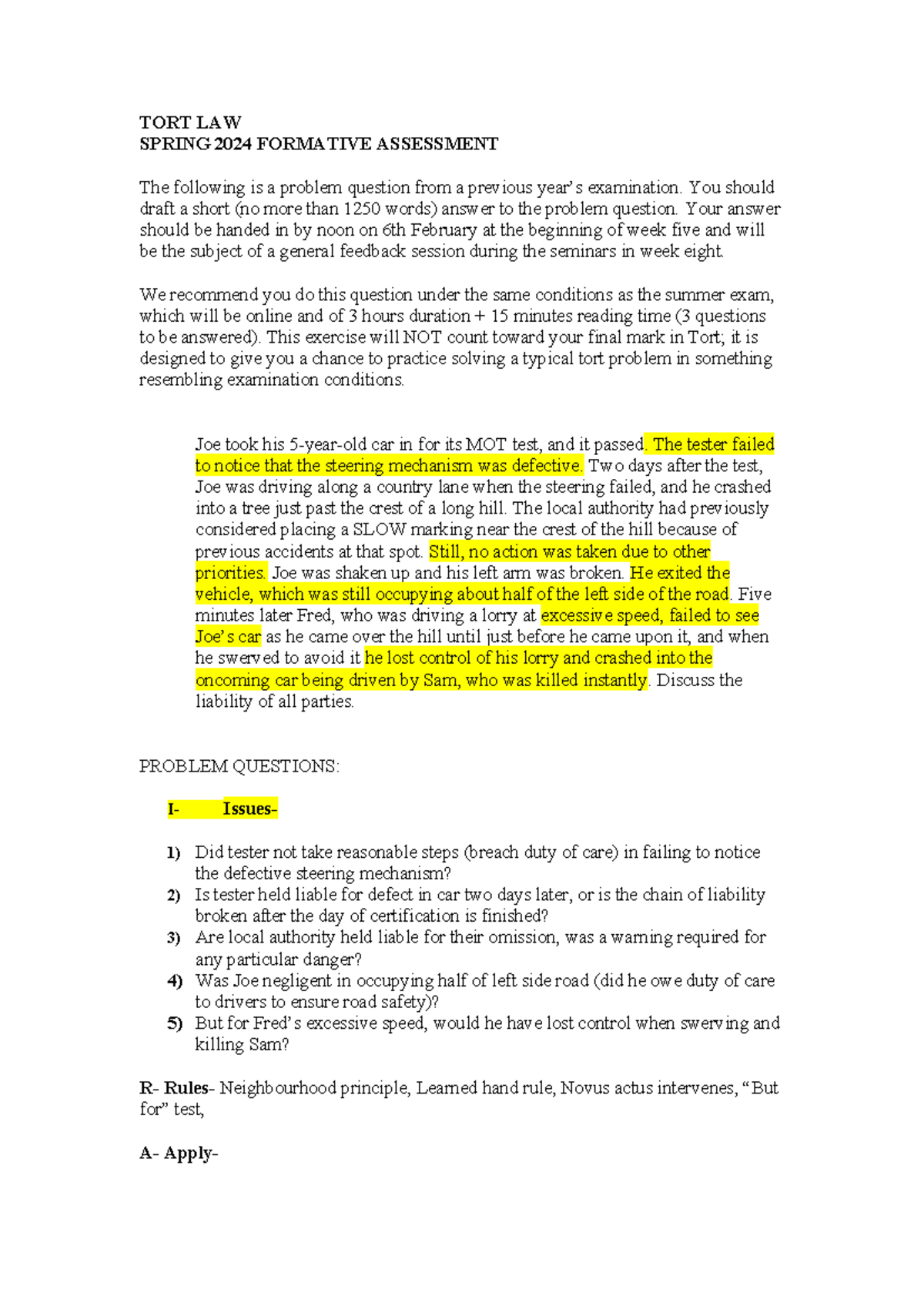 Tort Law Formative Assessment Problem Question - Spring 2024 - Studocu