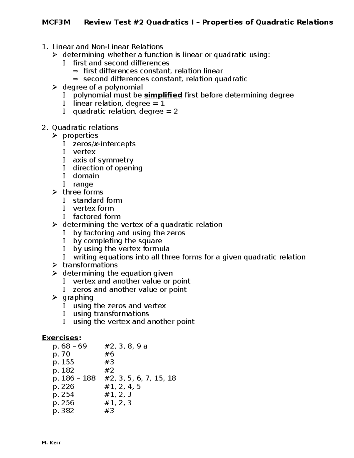 MCF3M Review Test #2: Quadratics I - Properties & Relations - Studocu