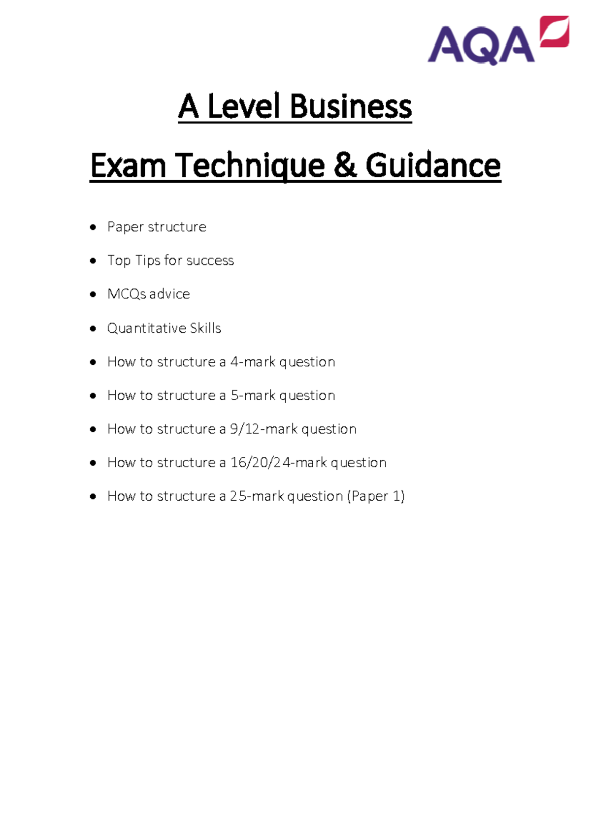 AQA A Level Business Paper 1 Exam Technique & Tips for Success - Studocu