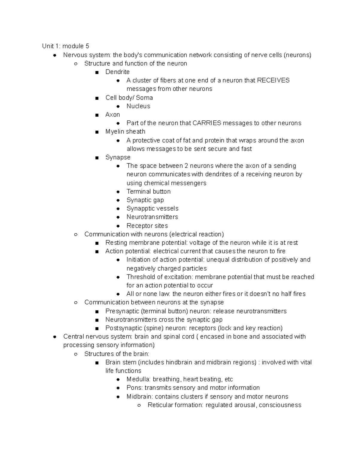 PSYC 101 - Unit 1: Nervous System and Brain Structure Overview - Studocu