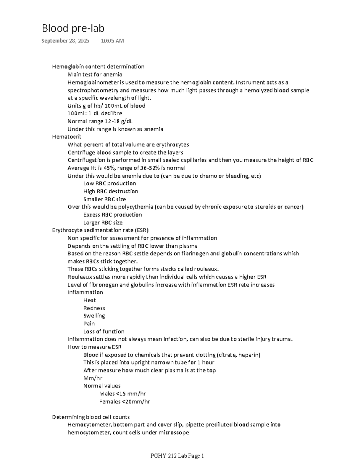 PGHY 212 Lab: Hemoglobin & Blood Analysis Notes - Studocu