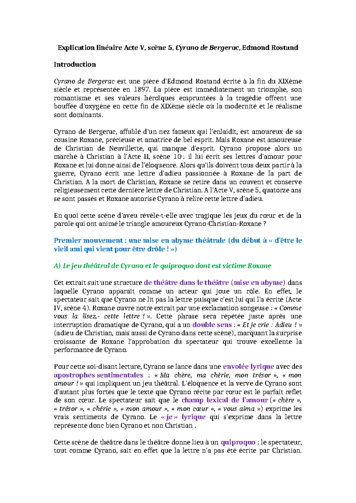 Explication linéaire Acte V, Scène 5 - Cyrano de Bergerac - Studocu